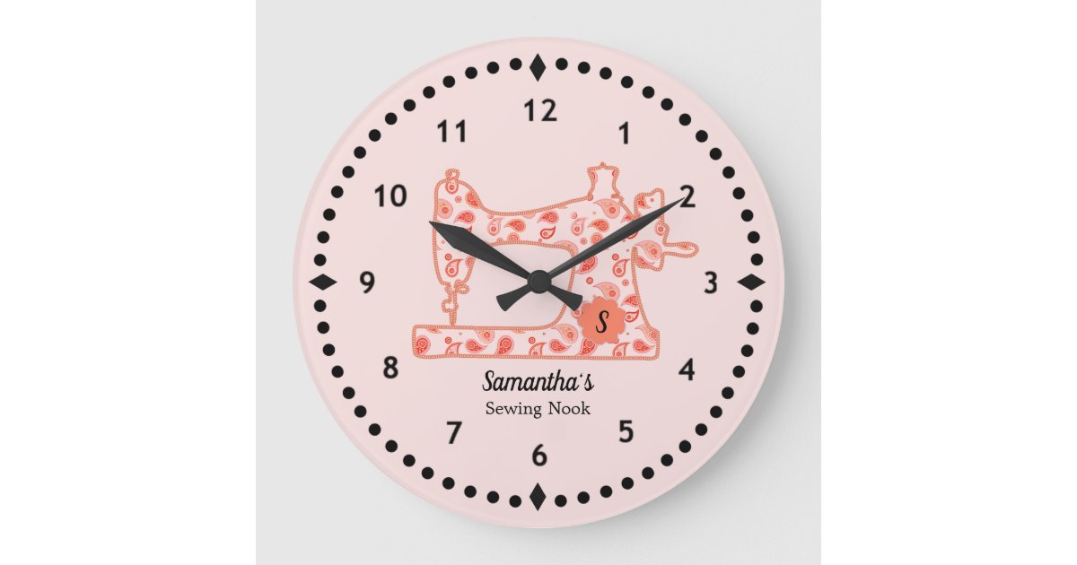 Peach Paisley Sewing Machine Large Clock | Zazzle