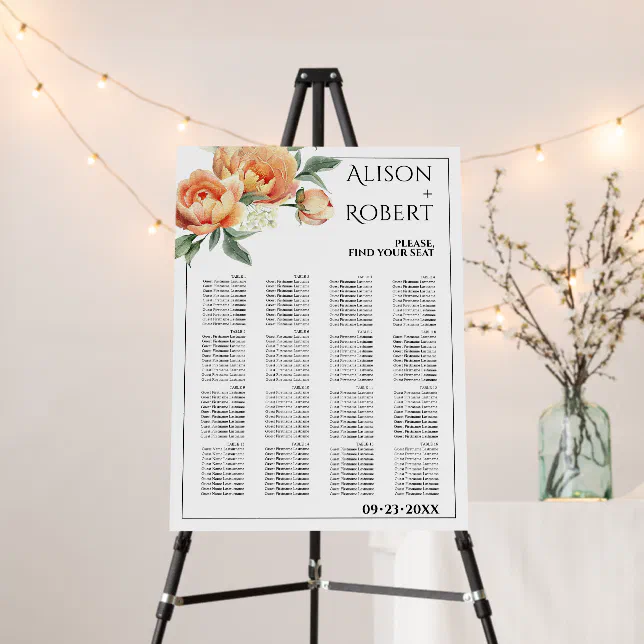 Peach peonies and border wedding seating chart foam board | Zazzle