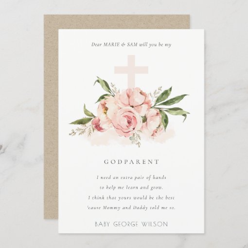 Peach Peony Floral Cross Godparent Proposal Invite | Zazzle