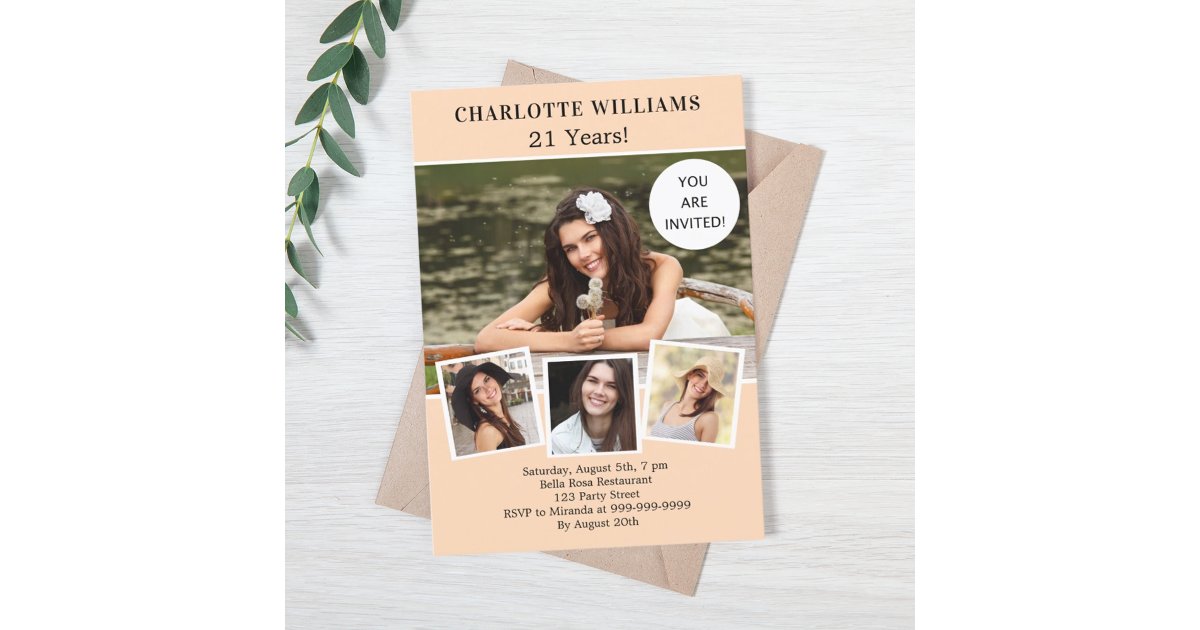 Peach photo collage luxury birthday invitation | Zazzle