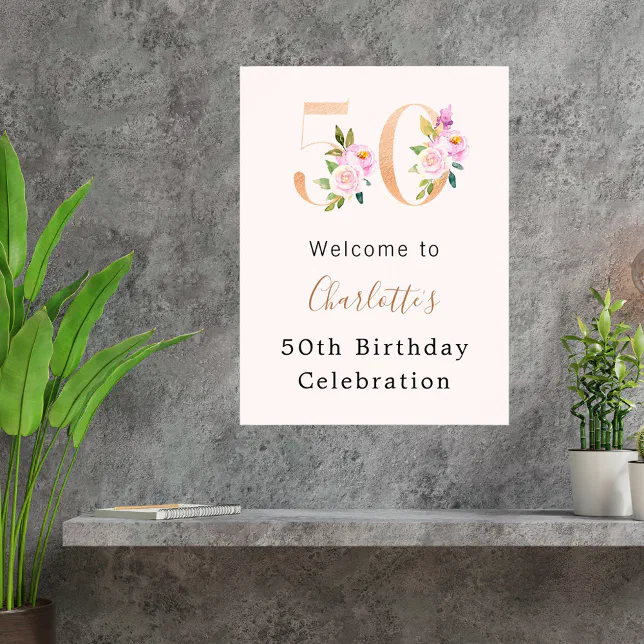 Peach pink florals number 50th birthday welcome poster | Zazzle