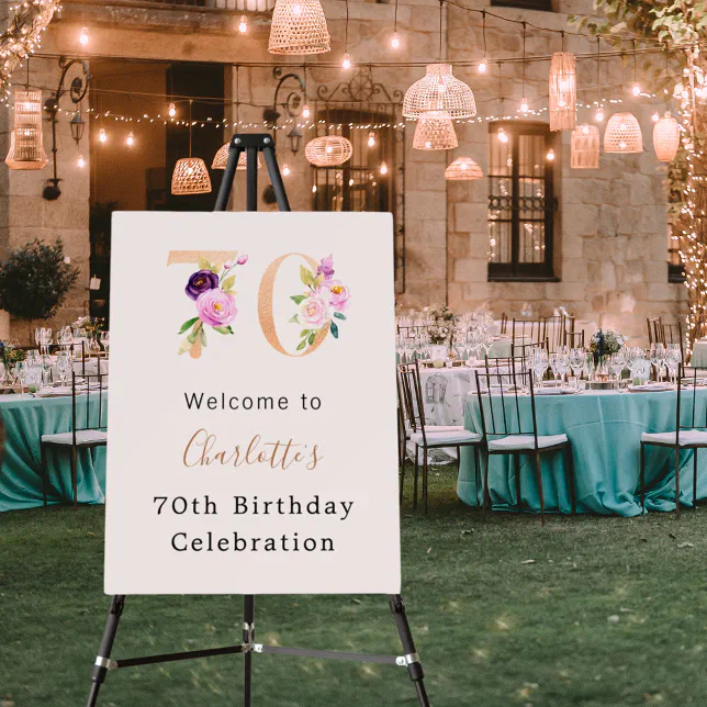 Peach pink florals number 70th birthday welcome foam board | Zazzle