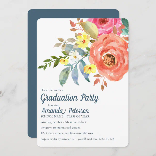 Peach Pink Peonies Blue Graduation Invitation | Zazzle