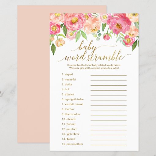 Peach & Pink Peony Flower Baby Word Scramble Game | Zazzle