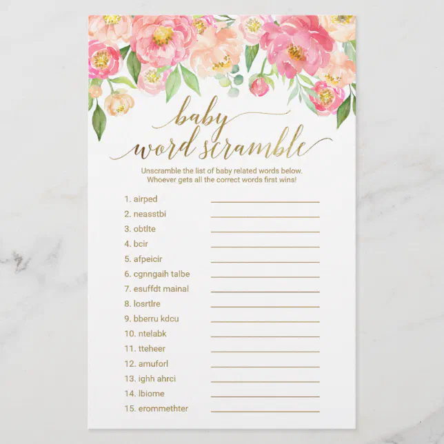Peach & Pink Peony Flower Baby Word Scramble Game | Zazzle