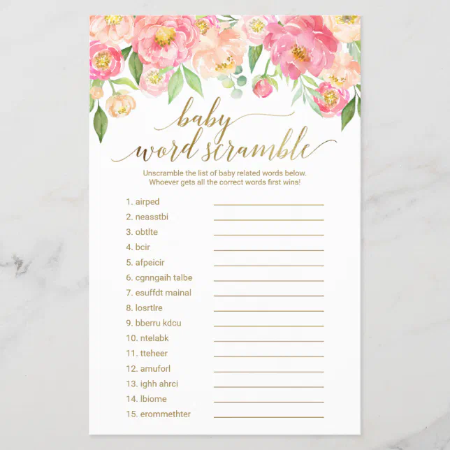 Peach & Pink Peony Flower Baby Word Scramble Game | Zazzle