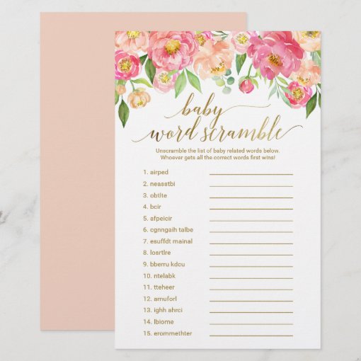 Peach & Pink Peony Flower Baby Word Scramble Game | Zazzle
