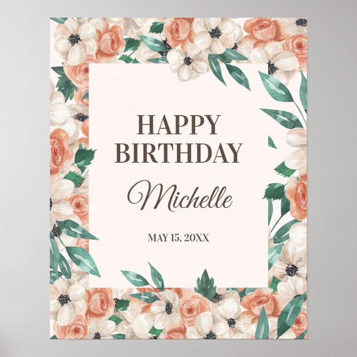 Peach Pink White Floral Happy Birthday Party Poster | Zazzle.com