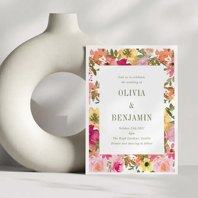 Peach Pink Yellow Watercolor Floral Wedding Invitation | Zazzle