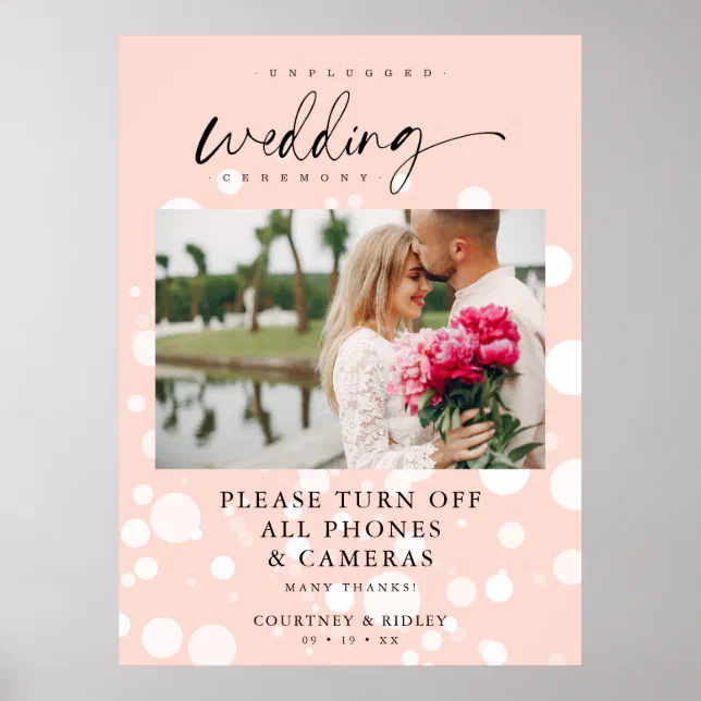 Peach Polka Dot Custom Photo Unplugged Wedding Poster | Zazzle