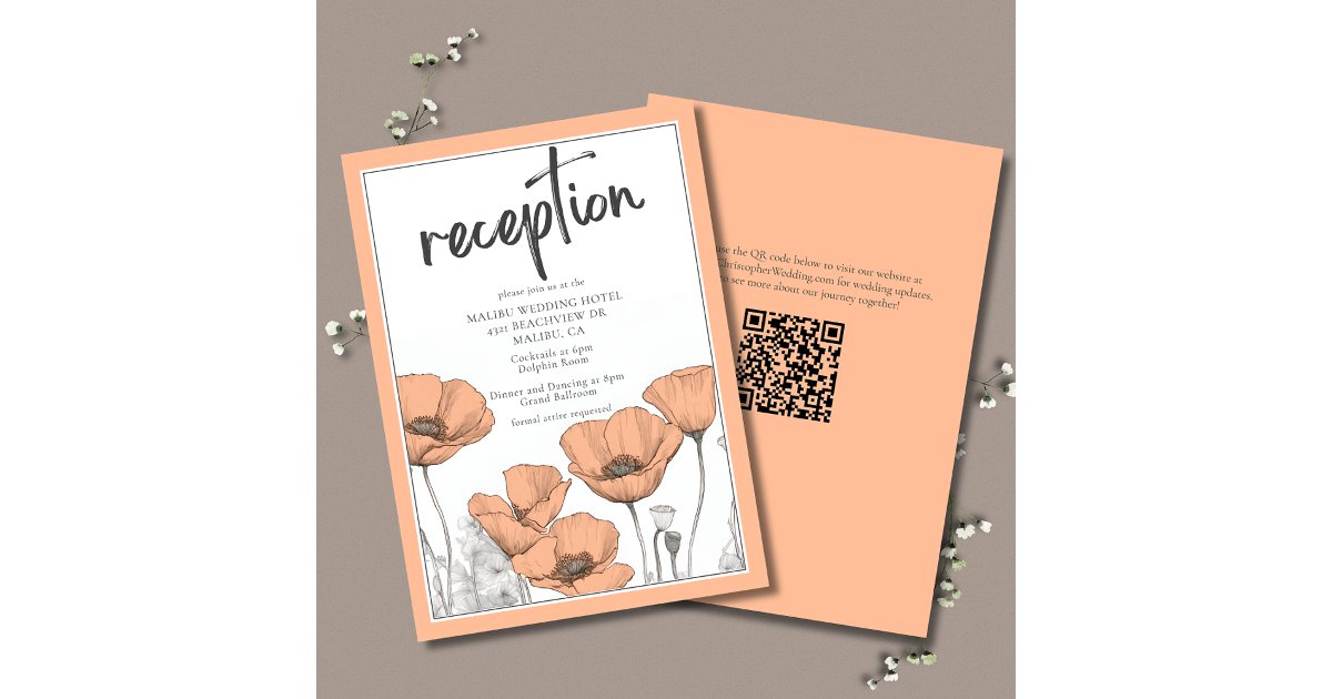 Peach Poppies Floral Elegant Wedding Reception Enclosure Card | Zazzle