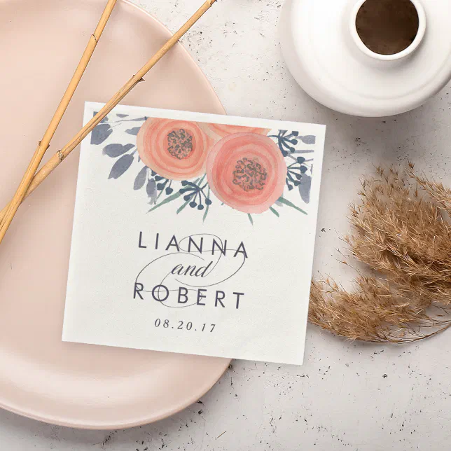 Peach Poppies Wedding Paper Napkins | Zazzle