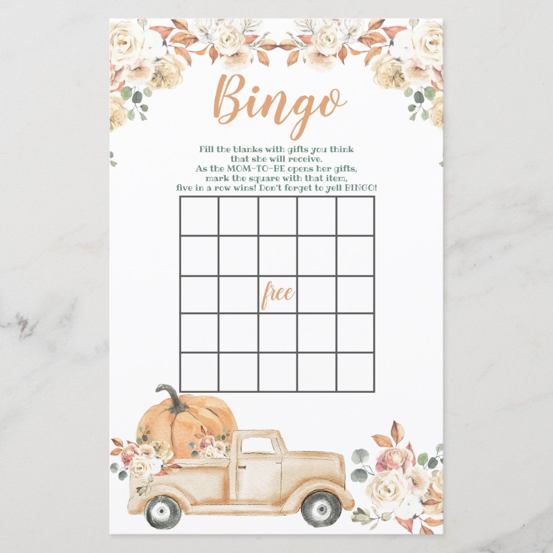 Peach Pumpkin Rustic Truck Baby Shower Bingo Game | Zazzle