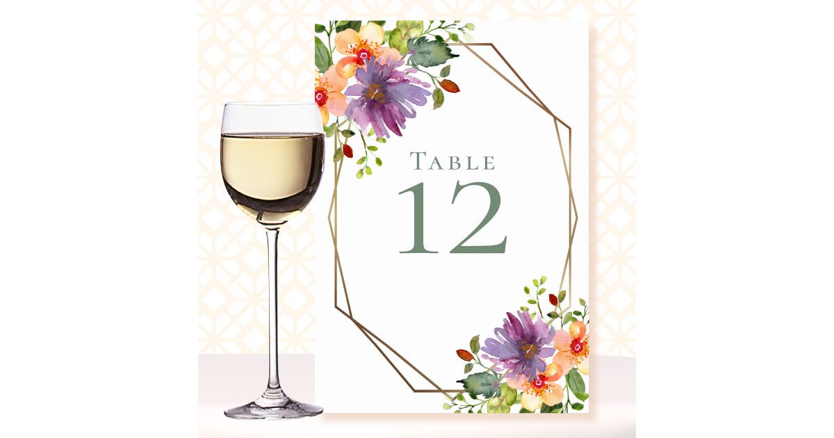 Peach Purple Watercolor Floral Octagon Wedding Table Number | Zazzle