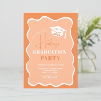 Peach retro wavy frame photo graduation invitation | Zazzle