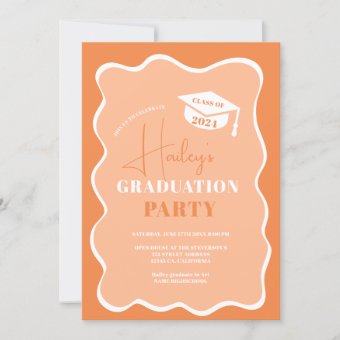 Peach retro wavy frame photo graduation invitation | Zazzle