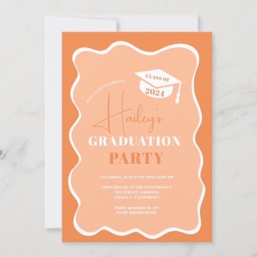 Peach retro wavy frame photo graduation invitation | Zazzle