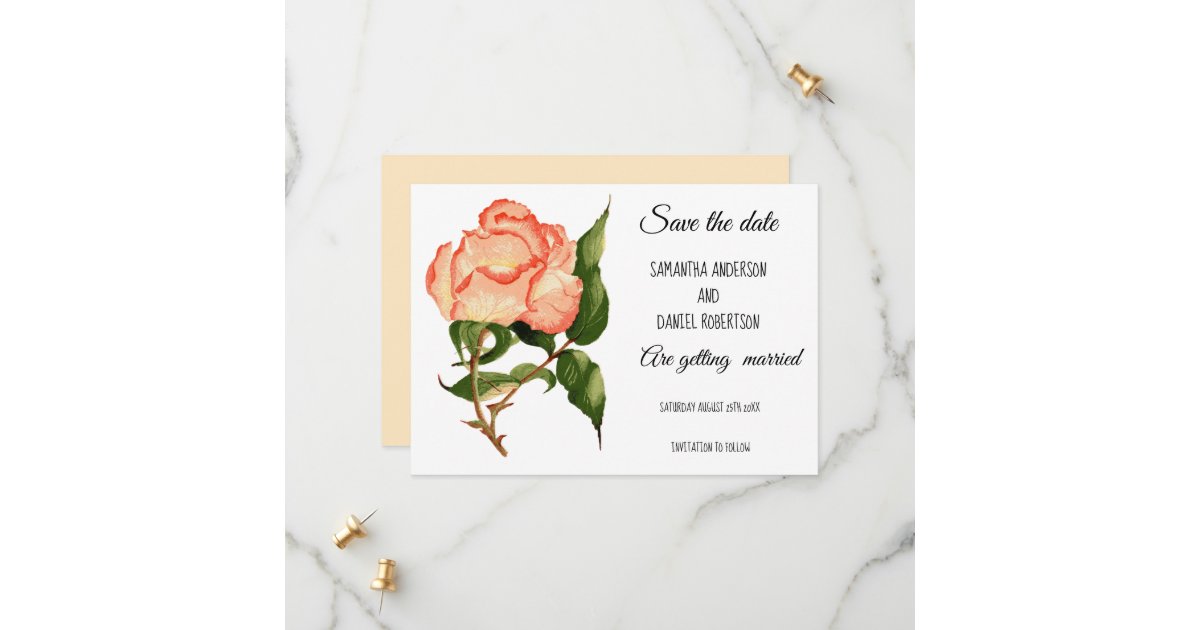 peach rose watercolor Flat Save The Date Card | Zazzle
