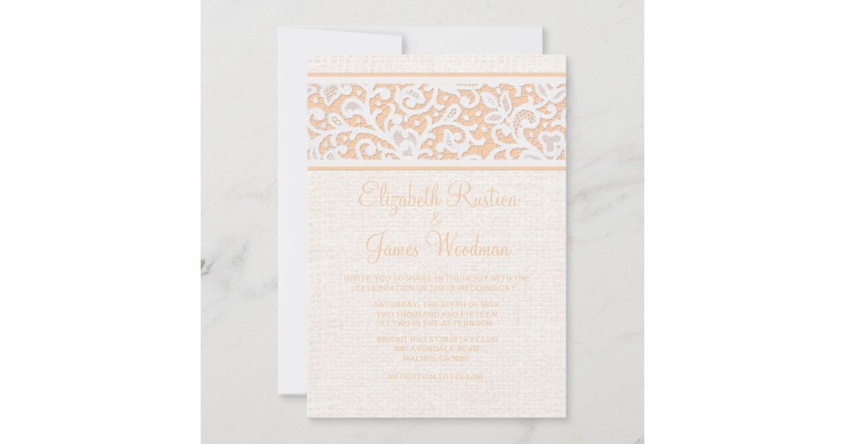 Peach Rustic Burlap & Linen Wedding Invitations | Zazzle