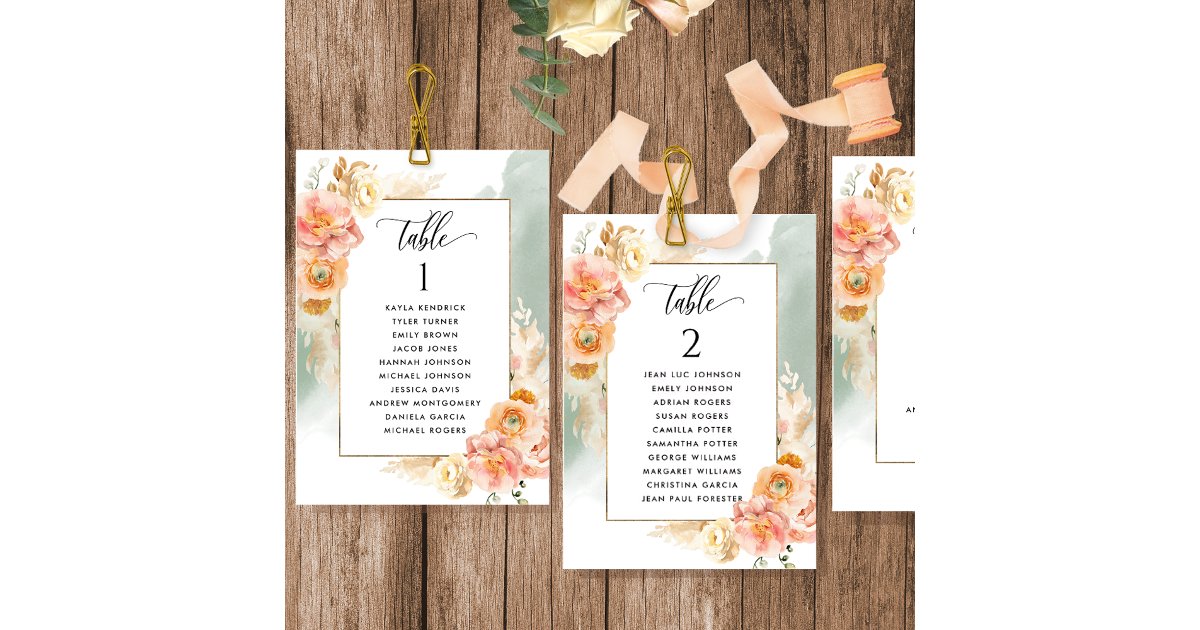 Peach, Sage Seating Plan Cards with Guest Names | Zazzle