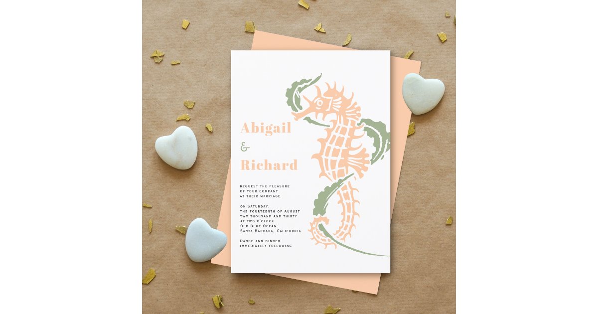 Peach seahorse with sage green seaweed wedding invitation | Zazzle