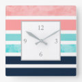 Peach, Turquoise, Indigo, White Stripes Square Wall Clock | Zazzle