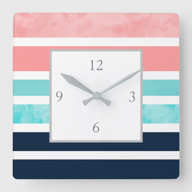 Peach, Turquoise, Indigo, White Stripes Square Wall Clock | Zazzle