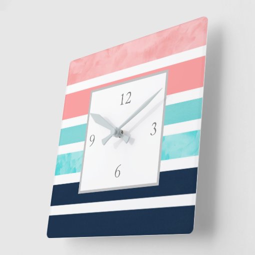 Peach, Turquoise, Indigo, White Stripes Square Wall Clock | Zazzle