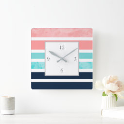 Peach, Turquoise, Indigo, White Stripes Square Wall Clock | Zazzle