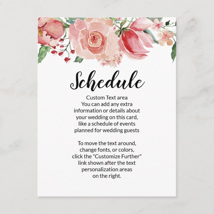 Peach Watercolor Floral Border Wedding Schedule Enclosure Card | Zazzle