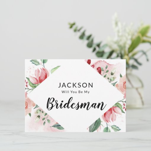 Peach Watercolor Floral Bridesman Proposal Card | Zazzle