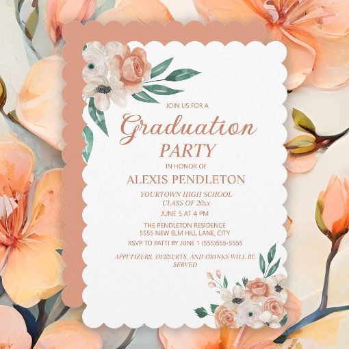 Peach Watercolor Floral Graduation Invitation | Zazzle