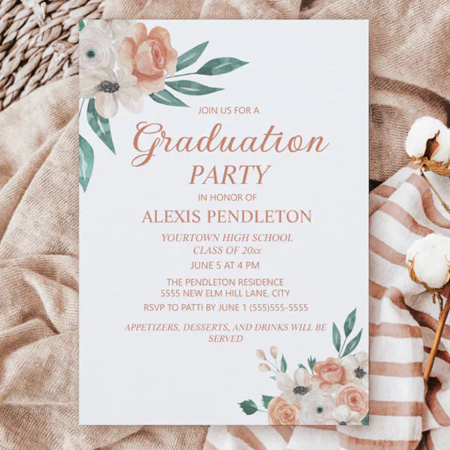 Peach Watercolor Floral Graduation Invitation | Zazzle