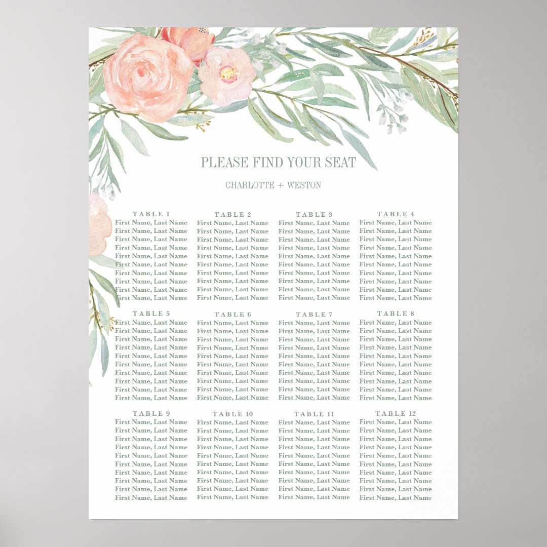 Peach Watercolor Flower Seating Chart | Zazzle