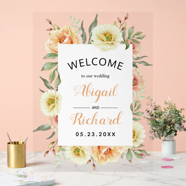 Peach watercolor flowers floral wedding welcome acrylic sign | Zazzle
