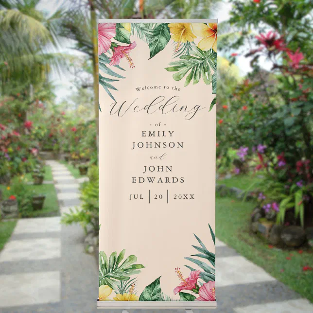 Peach Watercolor Tropical Floral Wedding Welcome Retractable Banner ...