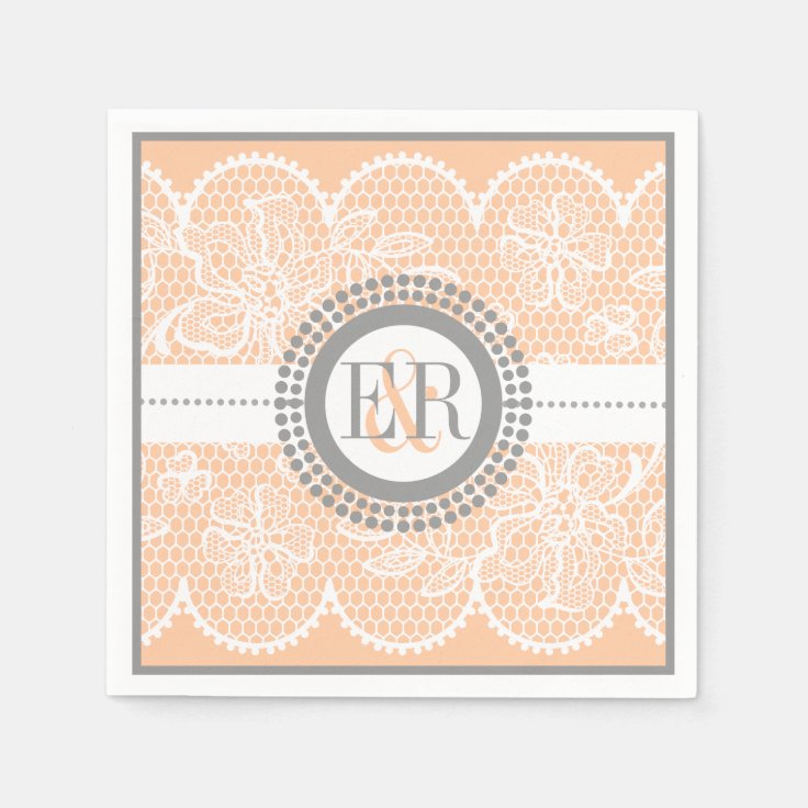 Peach, white lace pattern wedding paper napkins | Zazzle