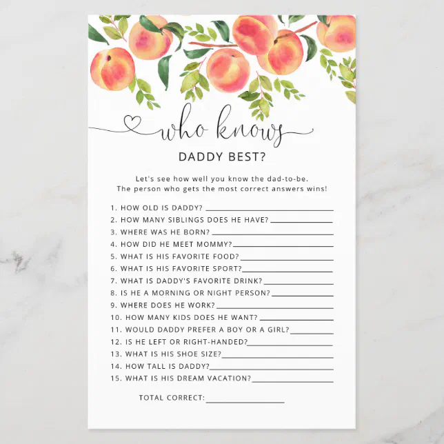 Peach Who knows daddy best baby shower game | Zazzle