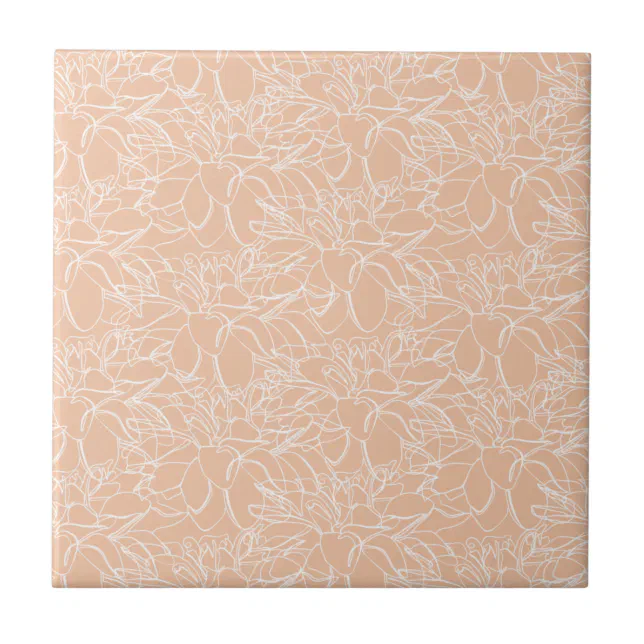 Peach with White Floral Line Art Ceramic Tile | Zazzle
