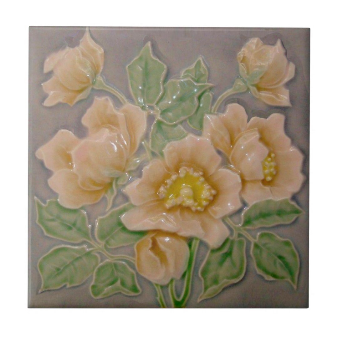 Peachy Floral Majolica Faux Relief c1900 Repro Ceramic Tile | Zazzle