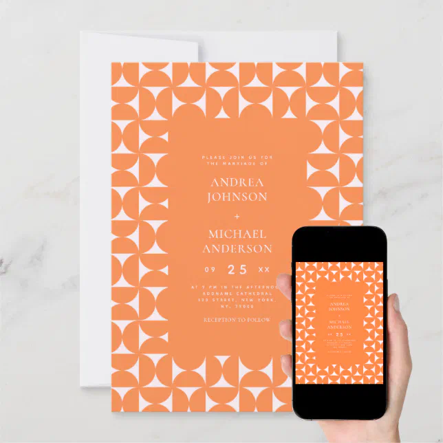 Peachy Pink and Orange Mid Century Mod Wedding Invitation | Zazzle