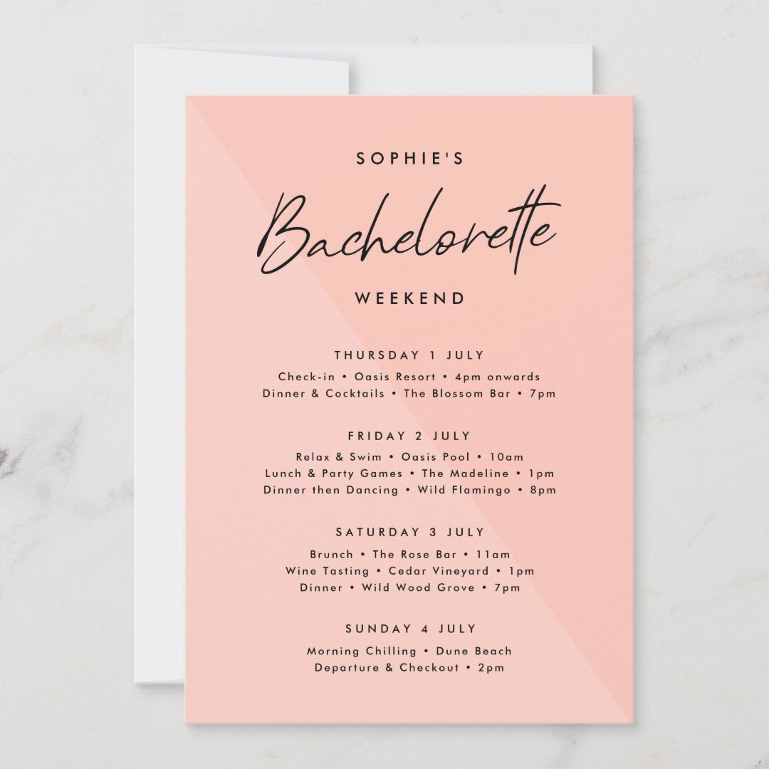 Peachy Pink | Bachelorette Weekend Itiniary Invitation | Zazzle