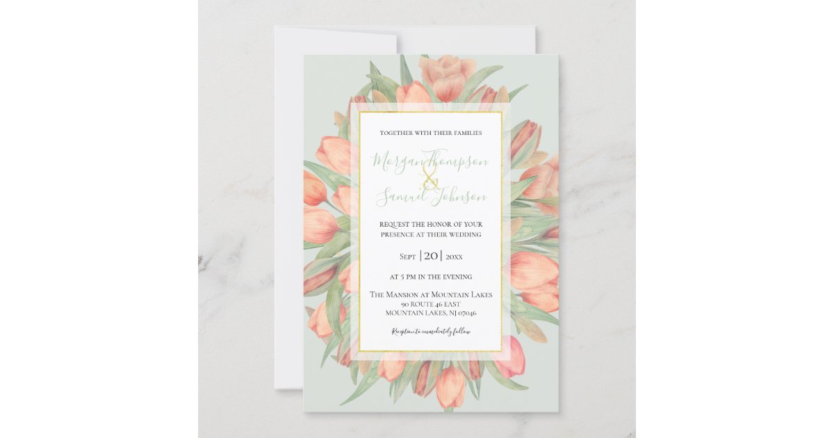 Peachy Pink & Mint Spring Tulips Wedding Invitation | Zazzle
