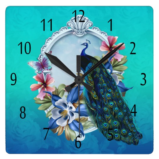 Peacock And Floral Square Wall Clock | Zazzle.com