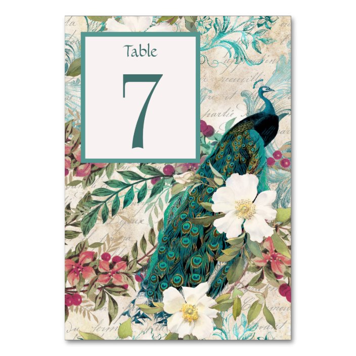 Peacock and Flowers Teal Wedding Reception Table Number | Zazzle.com