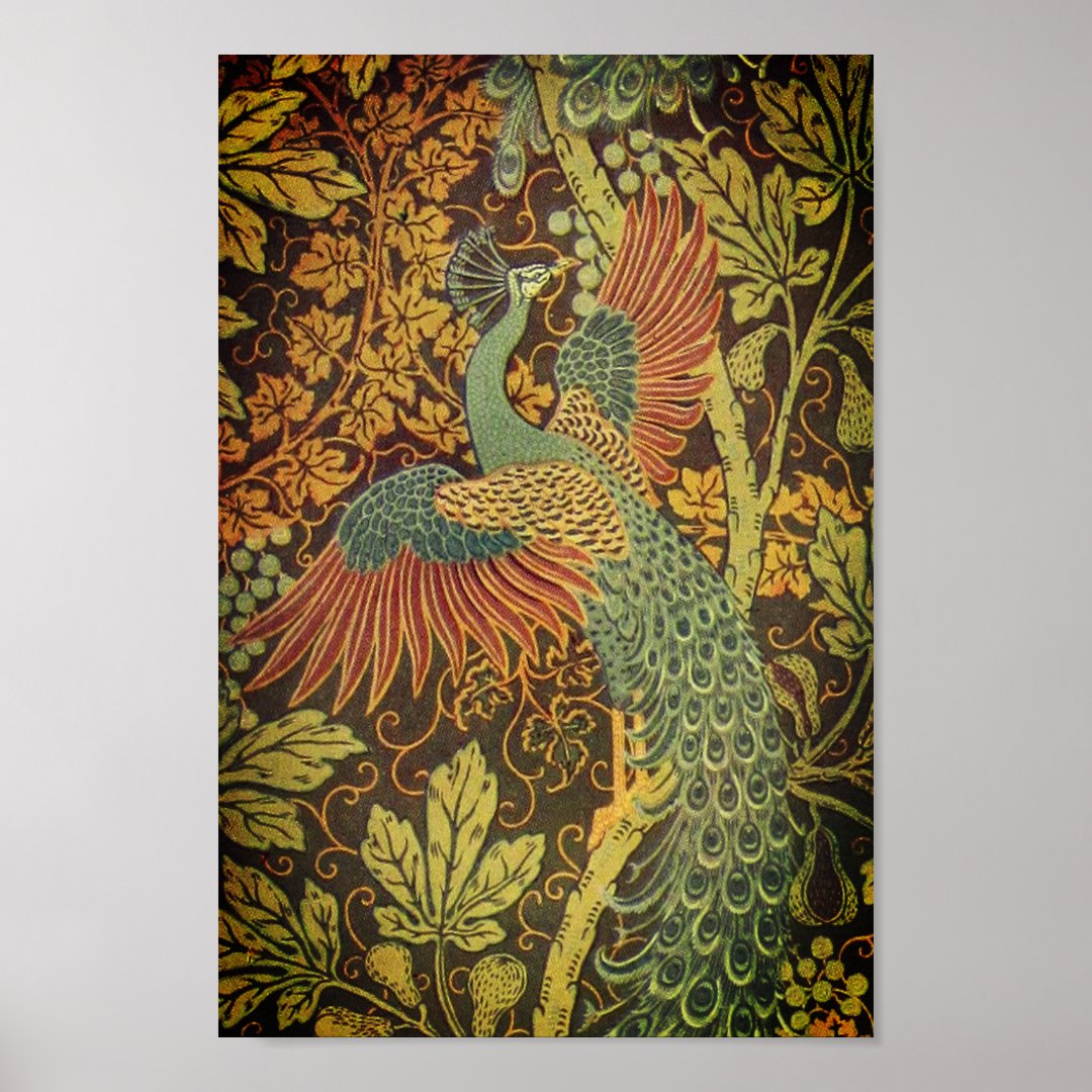 Peacock and oakleaf floral Victorian jacquard Poster | Zazzle