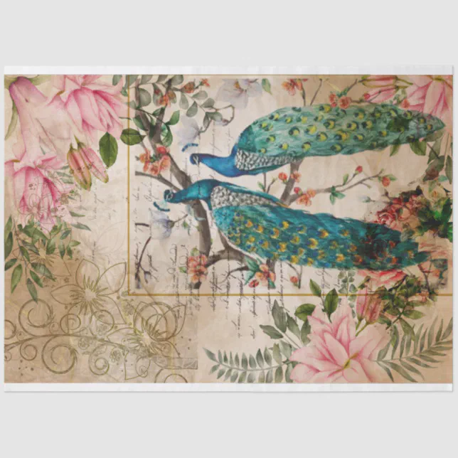 Peacock and Pink Magnolia Flower Vintage Ephemera Tissue Paper | Zazzle