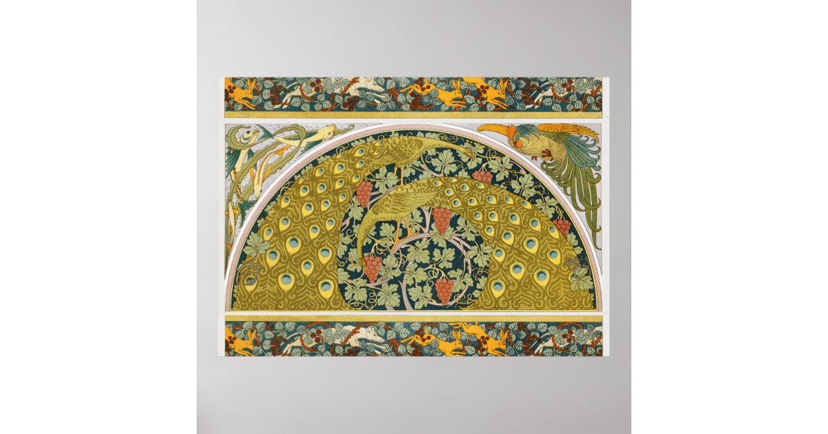 Peacock Art Nouveau Style round intricate design Poster | Zazzle