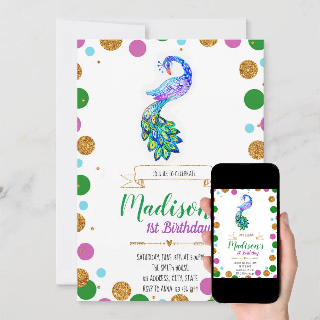 Peacock birthday party invitation | Zazzle