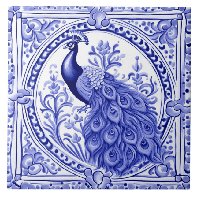 Peacock Blue and White Portuguese European Ceramic Tile | Zazzle